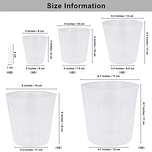 ELCOHO 30 Pack Plants Nursery Pot Soft Clear Plastic Planter 6.7/6/5/4/3 Inch Seed Starting Pots Flower Plant Pots with Drainage Hole Plant Container with 30 Labels for Seedlings Succulent Vegetable