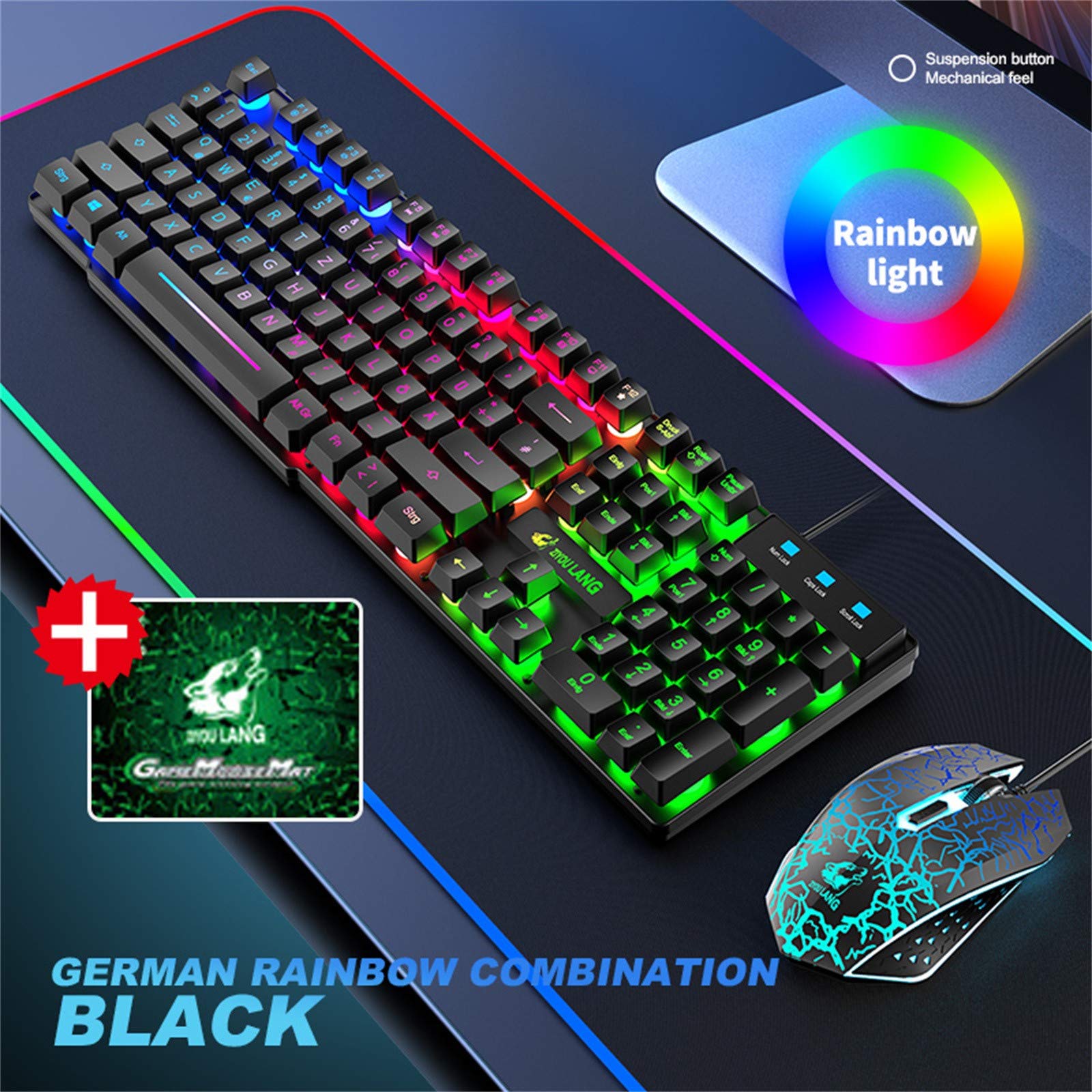 Charella #F5h785 T13 Rainbow Backlight USB Ergonomic Gaming Keyboard and Mouse Set for Pc Laptop