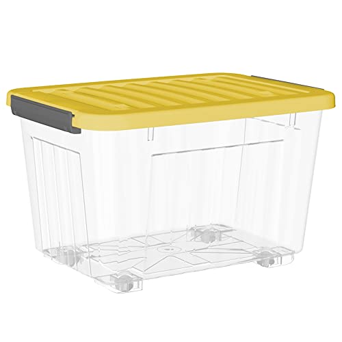 Cetomo 35L*3 Plastic Storage Box,Transparent, Tote box,Organizing Container with Durable yellow Lid and Secure Latching Buckles, Stackable and Nestable, 3Pack, with Buckle