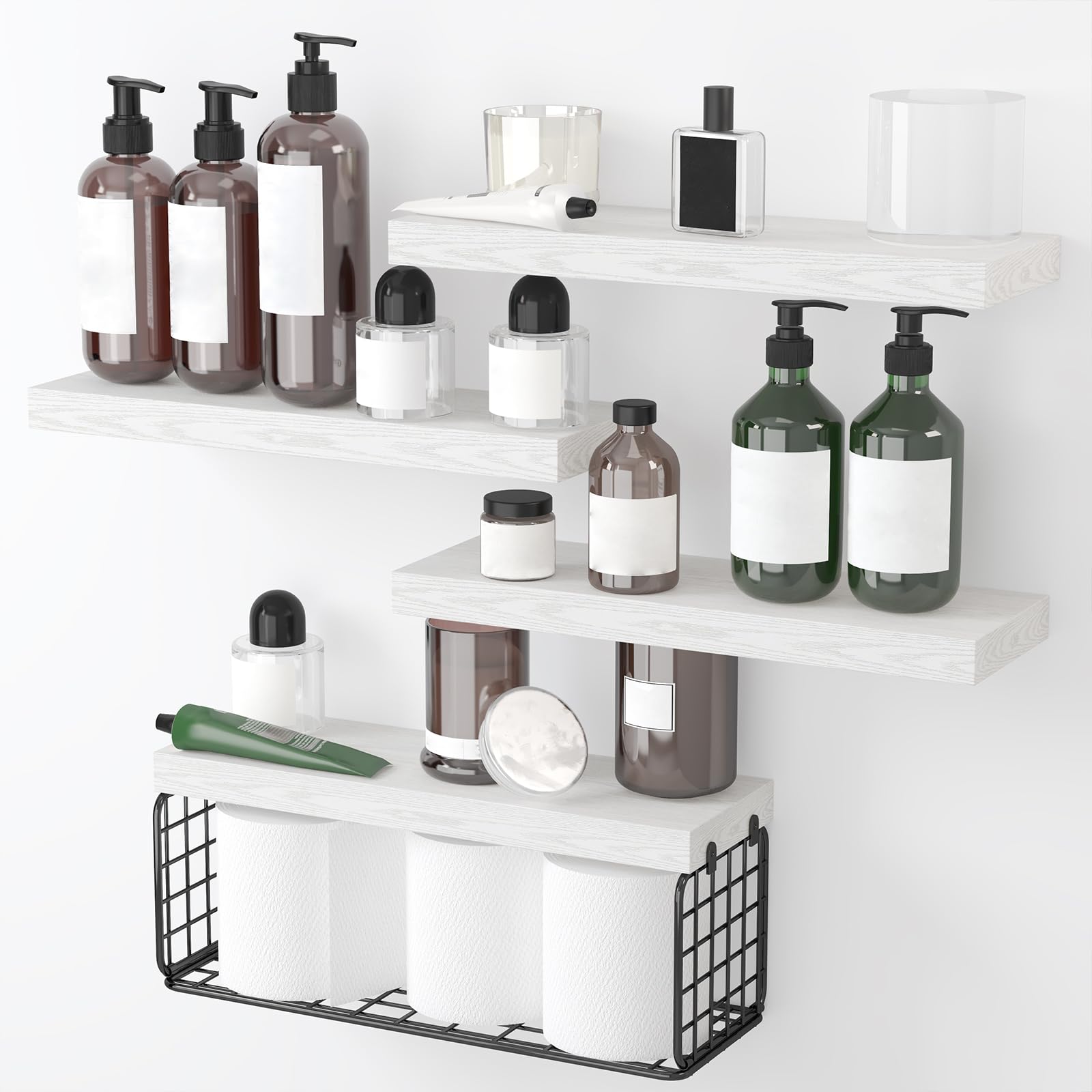 Fixwal Bathroom Floating Shelves, 4+1 Tier 15.7in Rustic Wood Wall Shelf Over Toilet with Invisible Brackets, Farmhouse Wall Decor (Gray)