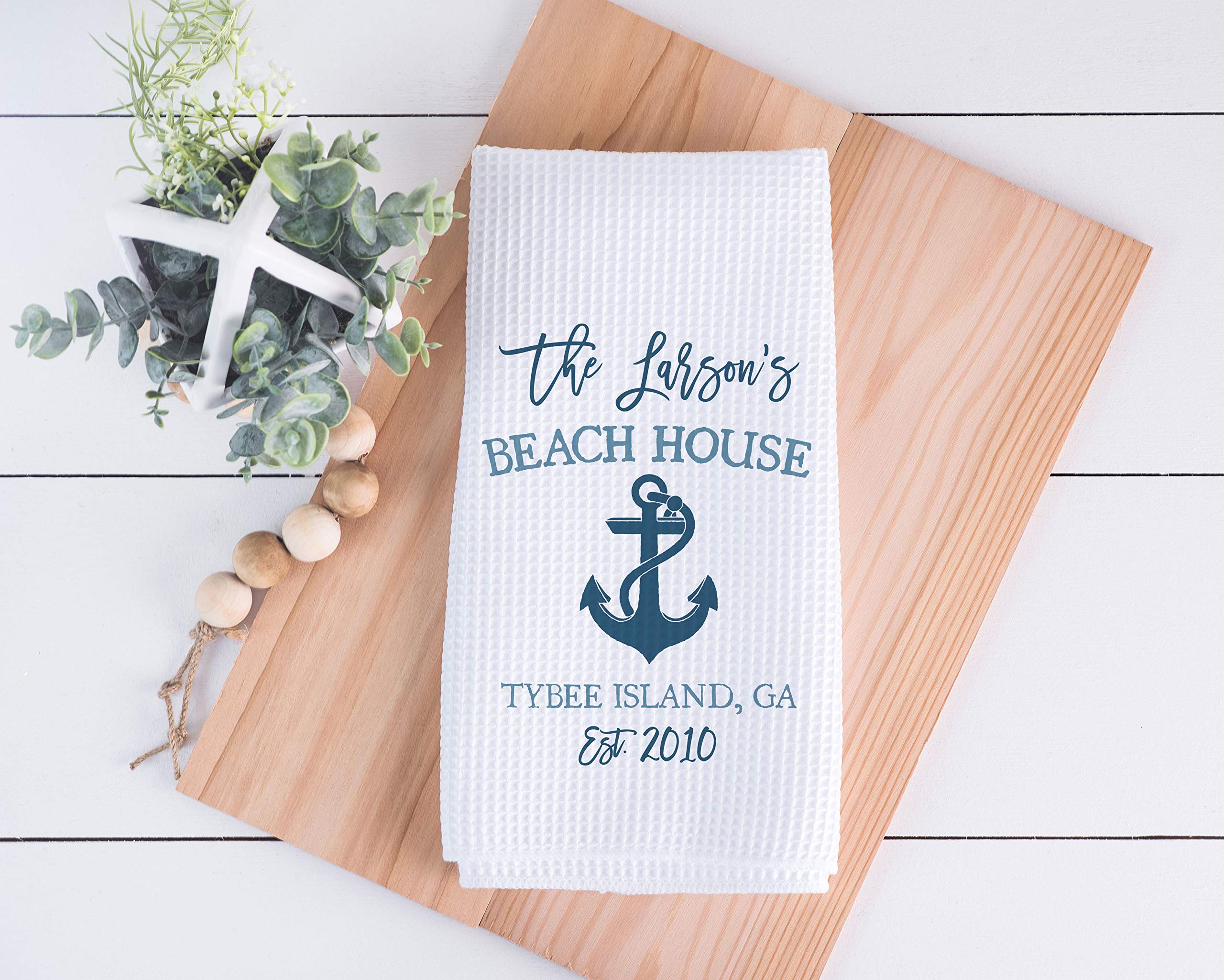 CANARY ROAD Personalized Beach House Kitchen Towel, Personalized Beach House Tea Towel, Family Name, Beach Kitchen Decor, Waffle Weave Towel, Coastal Gift, Beach Housewarming