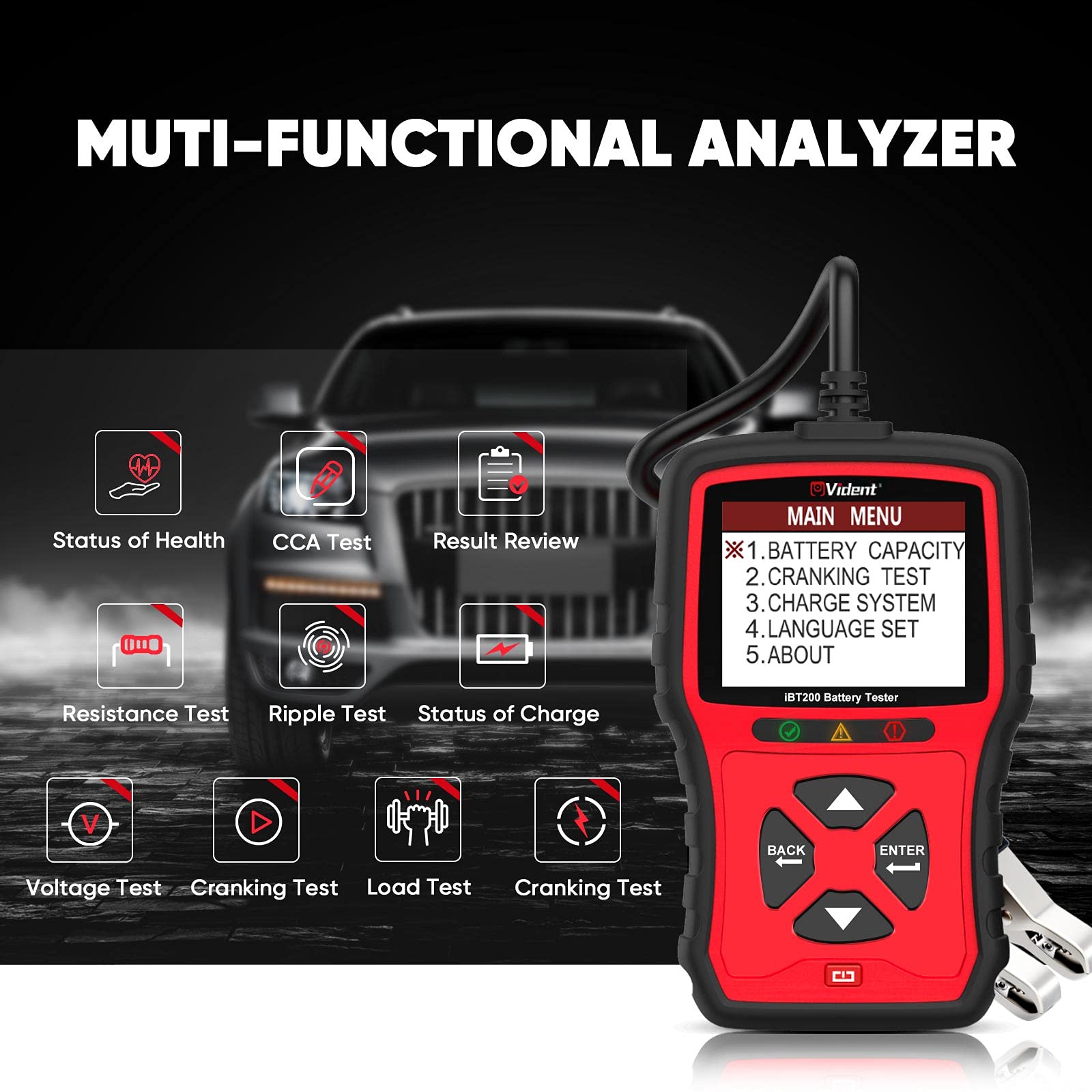Car Battery Tester 12V 24V 100-2000 CCA, Automotive Load Tester on Cranking and Charging System Test Diagnostic Tool, Auto Battery Digital Analyzer for Cars Motorcycles Trucks Boats Lawnmowers