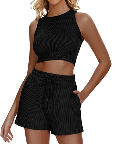 Funlingo Women's 2023 Waffle Knit Sleeveless Crop Top and Shorts Lounge Pajama Matching Sets Sweatsuits Tracksuits 2 Piece Summer Outfits Black M