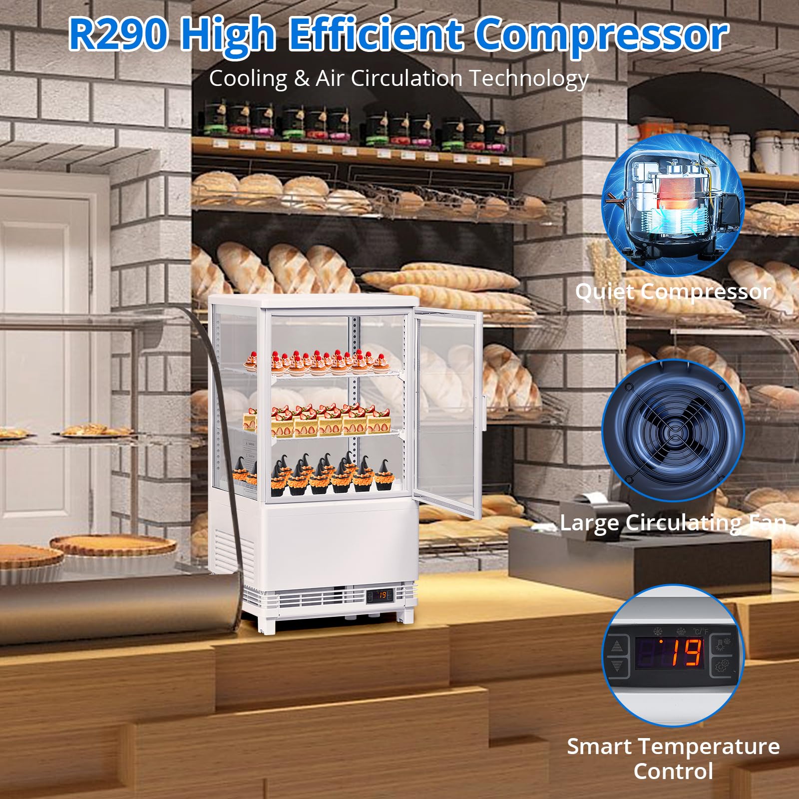 EastVita Display Commercial Refrigerator Case,2.1 Cu.Ft Display Fridge Single-Door Pastry Display Case With Interior Led Lighting, Double-Layered Glass Bakery Display Refrigerator 白色