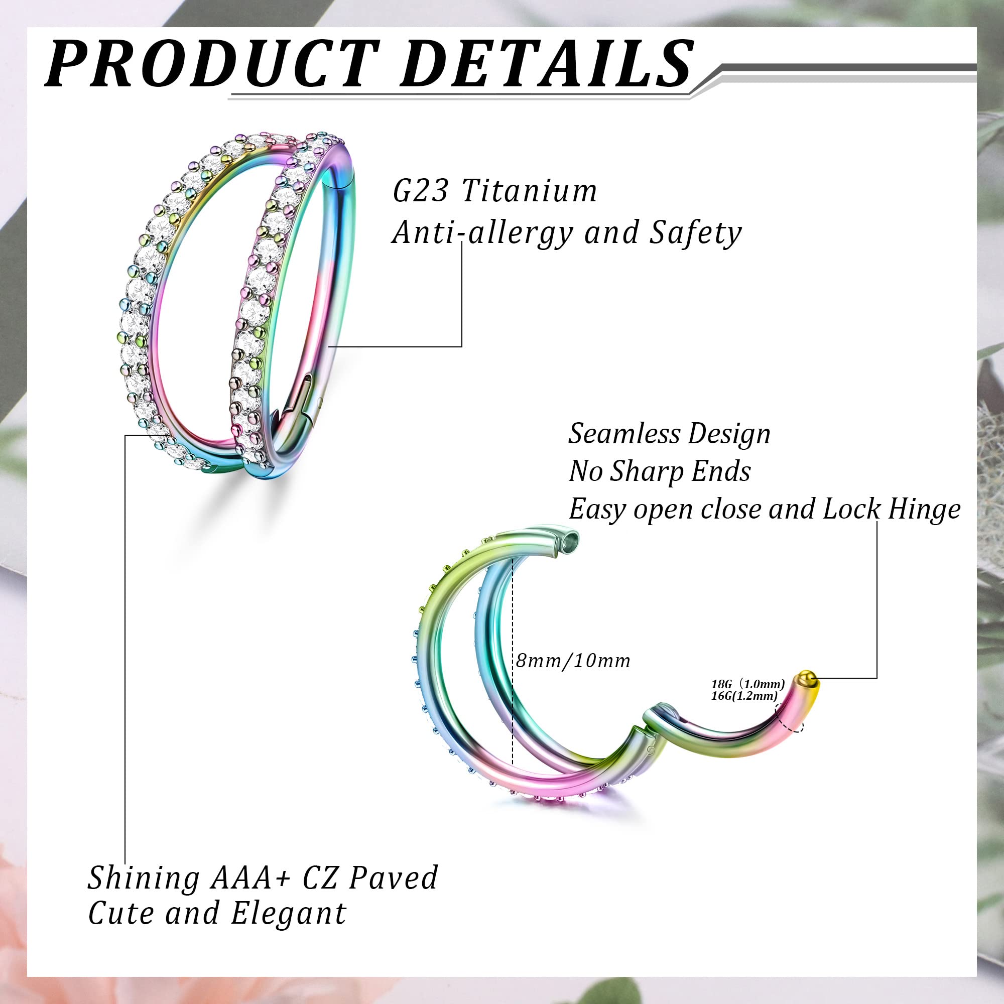 CASSIECA 16G 18G Titanium Nose Rings for Women Silver Gold Black Double Nose Hoop Piercing, Tragus Cartilage Conch CZ Septum Segment Clicker Hoops Nose Ring