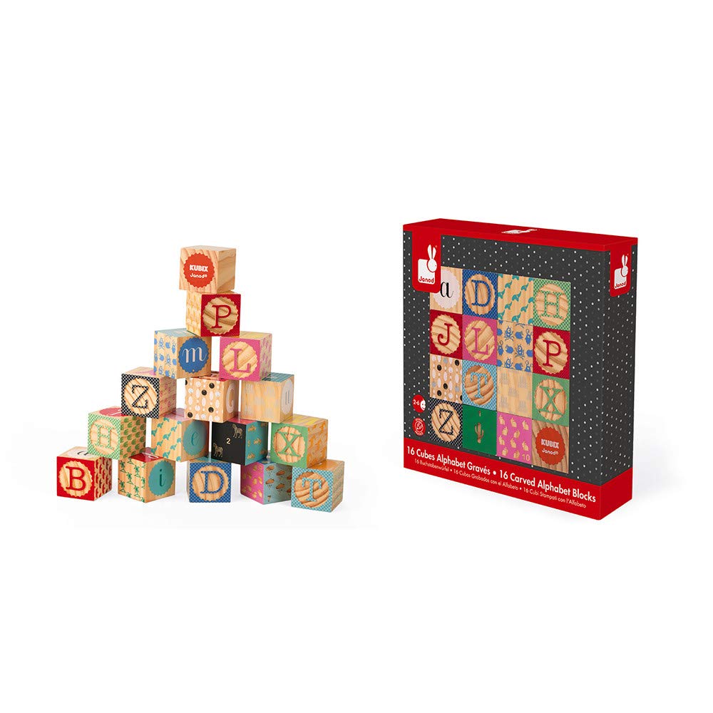 Janod Kubix 16 Wooden Alphabet and Numbers Blocks - Ages 2+ - J08078