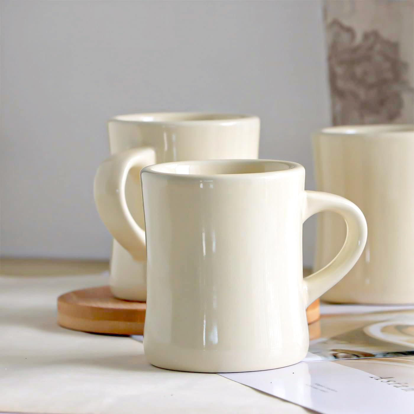 harebe Retro Coffee Cup Set of 4, 10 OZ Heavy Classic Ceramic Diner Mugs Set with Handle for Coffee, Tea, Cocoa, Milk, Latte(Cream)