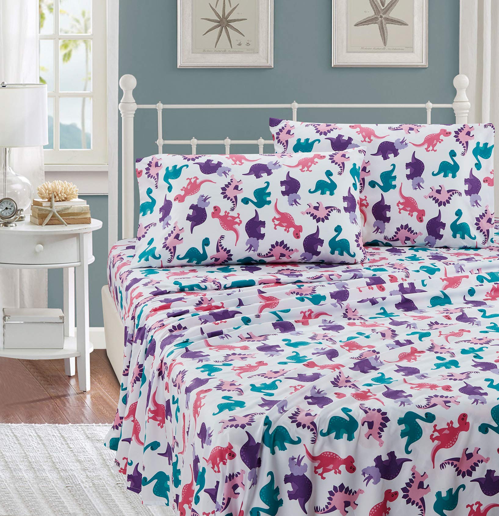 Luxury Home Collection 3 Piece Twin Size Sheet Set Girls/Teens Dinosaurs Pink Purple White Turquoise