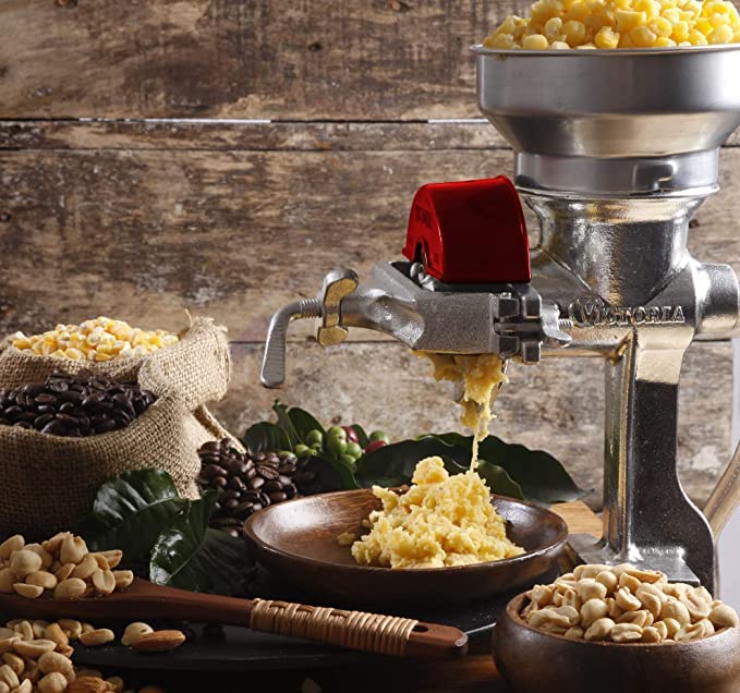 Victoria Manual Low Hopper Grain Grinder, silver, red
