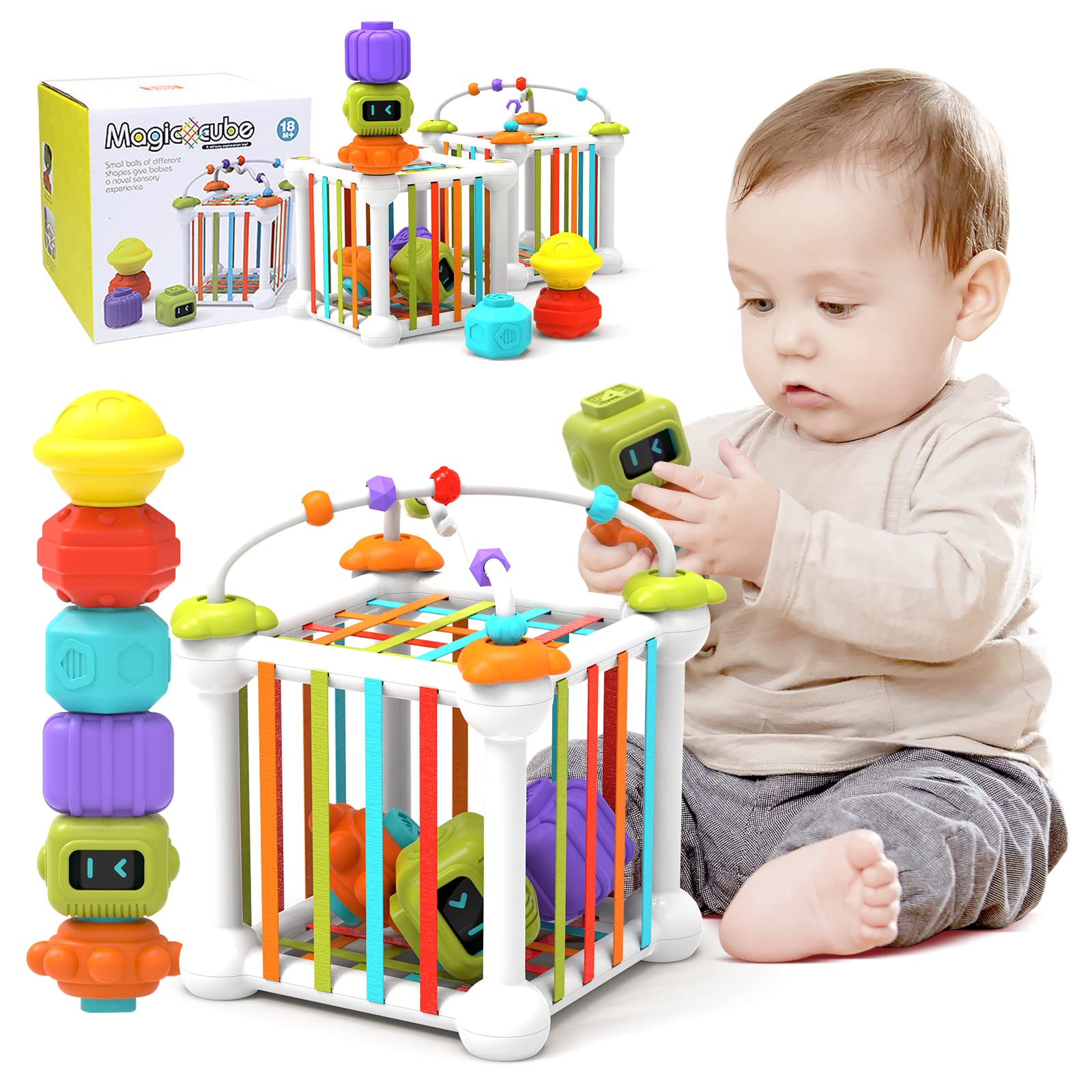 JUXUE Baby Sensory Bin Shape Sorter Toy for 1 Year Old, Sensory Stacking Toys for Babies 6-12 Months, Toddlers Fine Motor Skills Montessori Developmental Toys Age 1-2-3-4