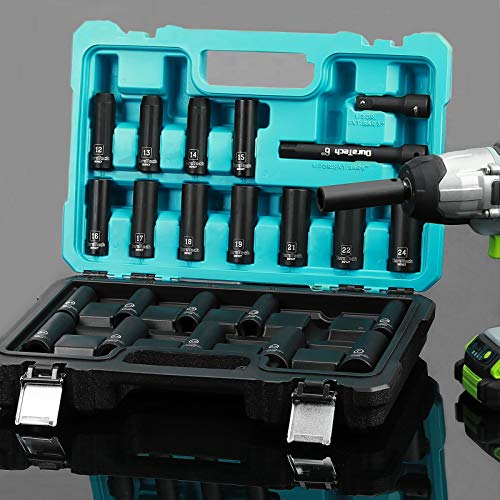 DURATECH 24-Piece Impact Socket Set, 1/2" Drive Deep Impact Socket Set with 2pcs 1/2-Inch Hexagon Extension Bars, Metric & SAE, Hard Case Included