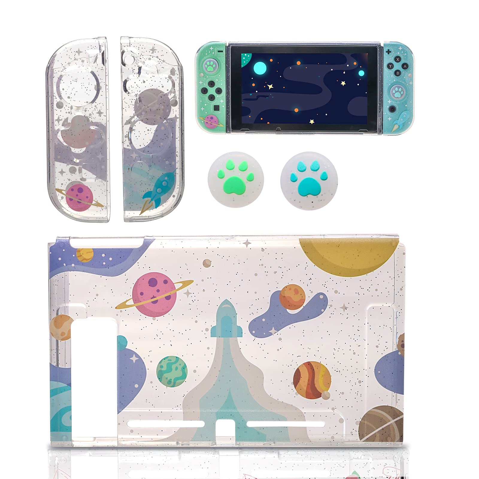 NANANINO Switch Clear Glitter Case, Switch TPU Case, Switch Protective Case with Animal Crossing Thumb Grips and Tempered Glass Screen Protector - Rocket Theme