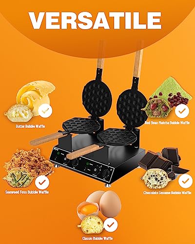 PYY Double Bubble Waffle Maker Commercial Waffle Maker Non-stick Hong Kong Egg Waffle Maker for Home Use Stainless Steel Pancake Maker 180° rotate, 1500W 110V Electric Cone Maker 50-250℃/122-482℉