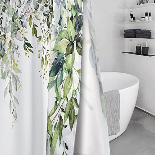 Nuseiis Sage Green Eucalyptus Shower Curtain, Watercolor Plant Leaves Shower Curtain with 12 Hooks, Decorative Botanical Shower Curtain 72 x 72 Inch