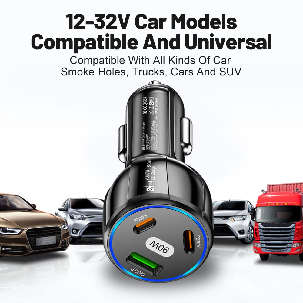 Car Fast Charger,90W Type C Car Charger Car Accessories, Car Accessories Cigarette Lighter USB Car Charger Compatible with iPhone 14/13/12/Mini/Pro/Pro Max (Black)