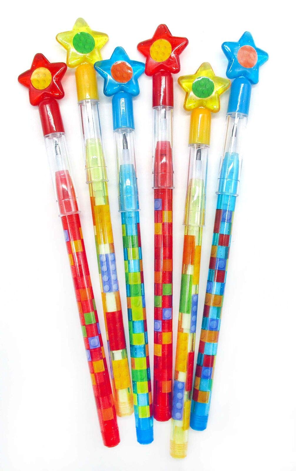 Tiny Mills 24 Pcs Building Blocks Brick Multi Point Stackable Pencil with Eraser for Brick Birthday Party Favor Prize Carnival Goodie Bag Stuffers Classroom Rewards Pinata Fillers