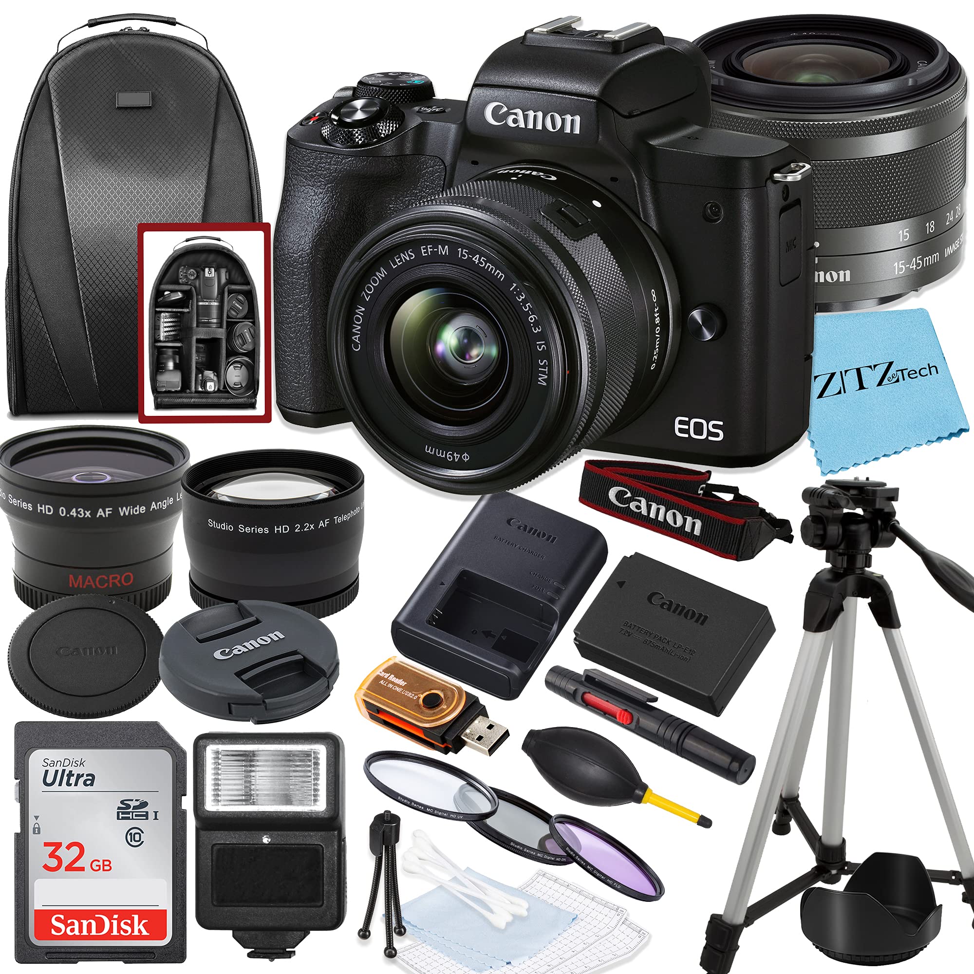 Canon EOS M50 Mark II Mirrorless Vlogging Digital Camera with EF-M 15-45mm is STM Zoom Lens + SanDisk 32GB Memory Card + Tripod + Case + Wideangle Lenses + ZeeTech Accessory Bundle (20pc Bundle)