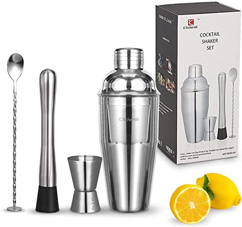 Cocktail Shaker Set Bartender Kit for Alcoholic Drinks -4 Piece Classic Stainless Steel Drink Mixer Set Essential Cocktail Bar Tool Set, Home/Bar Cart Accessories with 24 oz Shaker Cup (Sliver)