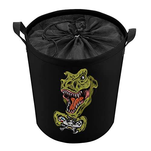 Dinosaur Gamer Which Play Game Laundry Basket Round Collapsible Storage Bin with Drawstring and Handle for Bedroom Bathroom Toys Room 17.3" X 13.8"