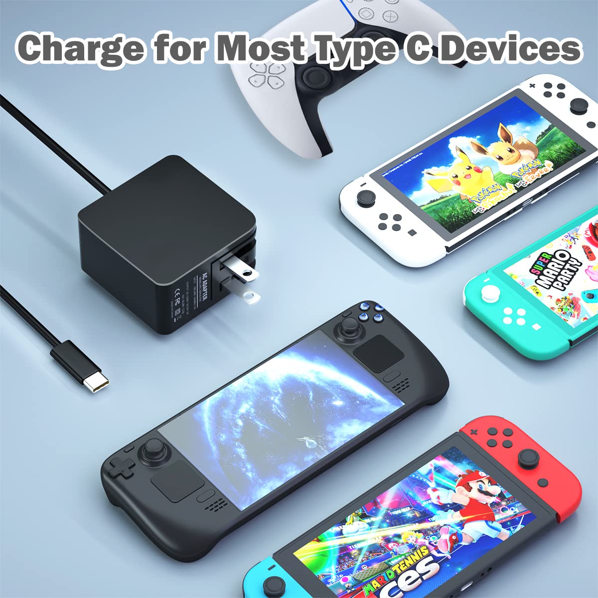 Charger for Nintendo Switch and Steam Deck AC Power Supply Adapter with 5FT Charging Cable Cord, Support Switch Steam Deck TV Dock Mode, Output 15V2.6A to 20V2.25A