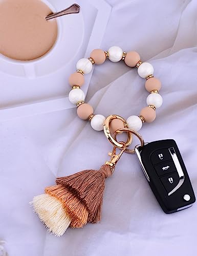 Donouzair Cute Keychain Wristlet,Silicone Beaded Key Ring Bracelet Keychain Car Holder Key Chains for Women with Gift Box(Oatmeal)