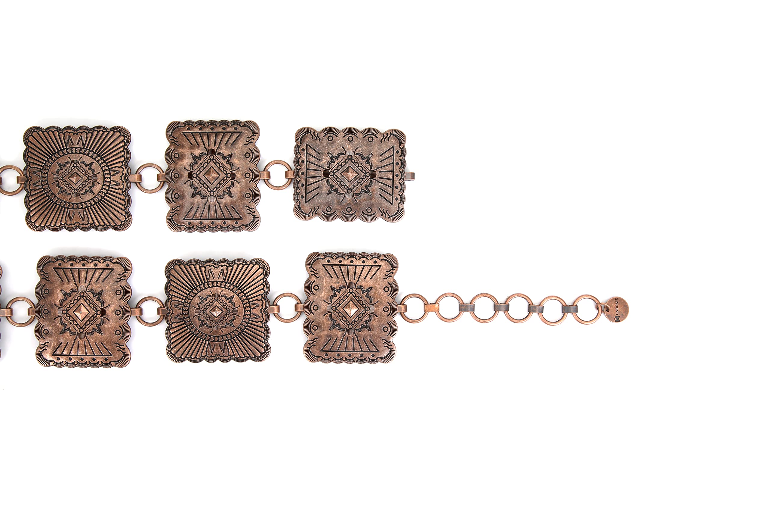 CNBOME Women's Bronze Antique Silver Square Buckle Chain Belt Adjustable Metal Belt (Brone, XLarge)