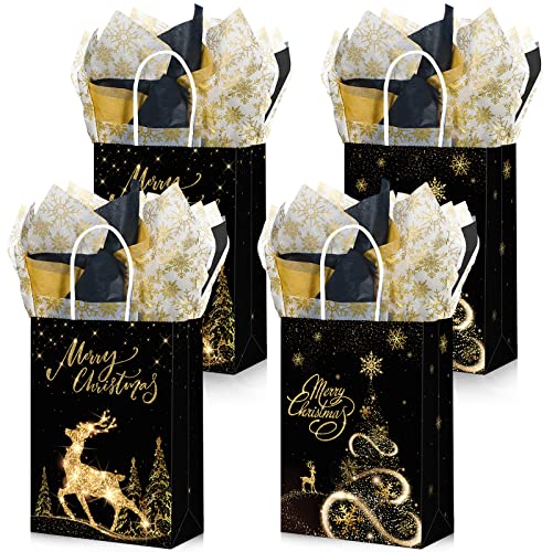 Funrous Gold Black Christmas Bags with Tissue Paper Xmas Black and Gold Gift Bags Metallic Gold Black Goody Treat Bags with Handles for Christmas Thanksgiving Candy Cookies Party Supplies (16 Pcs)