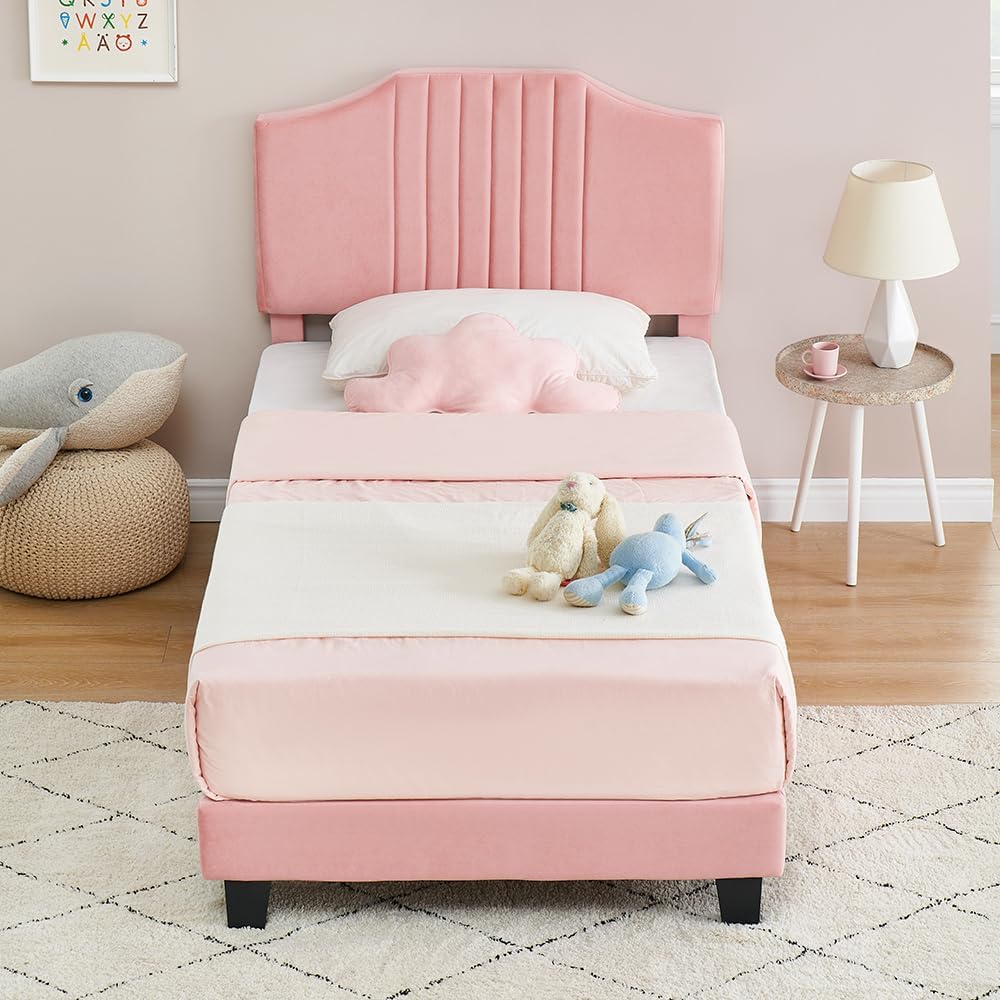 GAOMON Twin Size Bed Frame with Velvet Upholstered Headboard and Wooden Slats Support, Platform Twin Bed No Box Spring Needed, Noise-Free, Easy Assembly, Pink