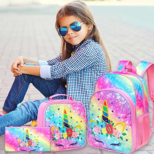 CCJPX 3PCS Unicorn Backpack for Girls, 16โ Kids Sequin Bookbag and Lunch Box for Kindergarten Elementary