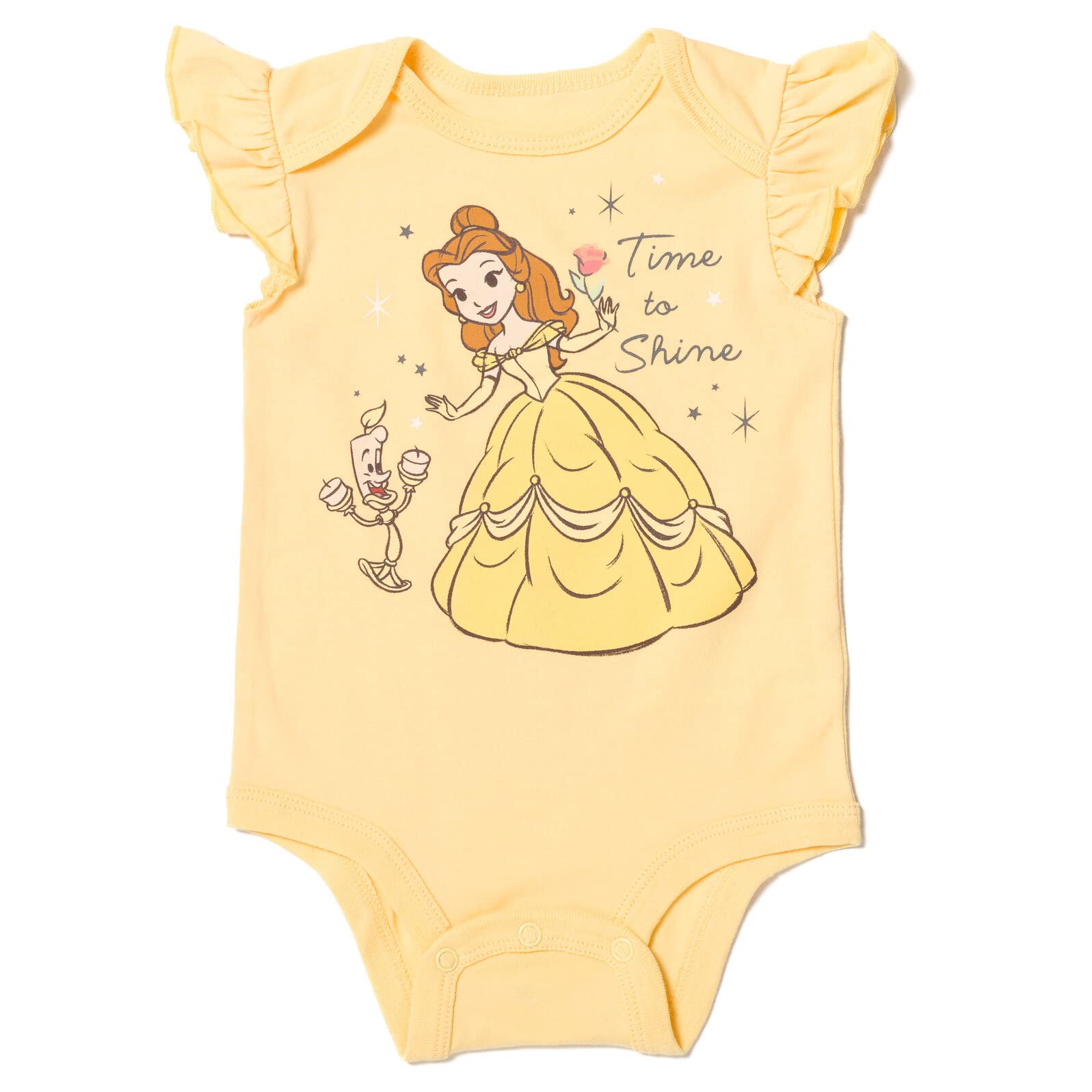 Disney Princess Ariel Cinderella Belle Newborn Baby Girls 4 Pack Cuddly Snap Bodysuits made with Organic Cotton 3-6 Months