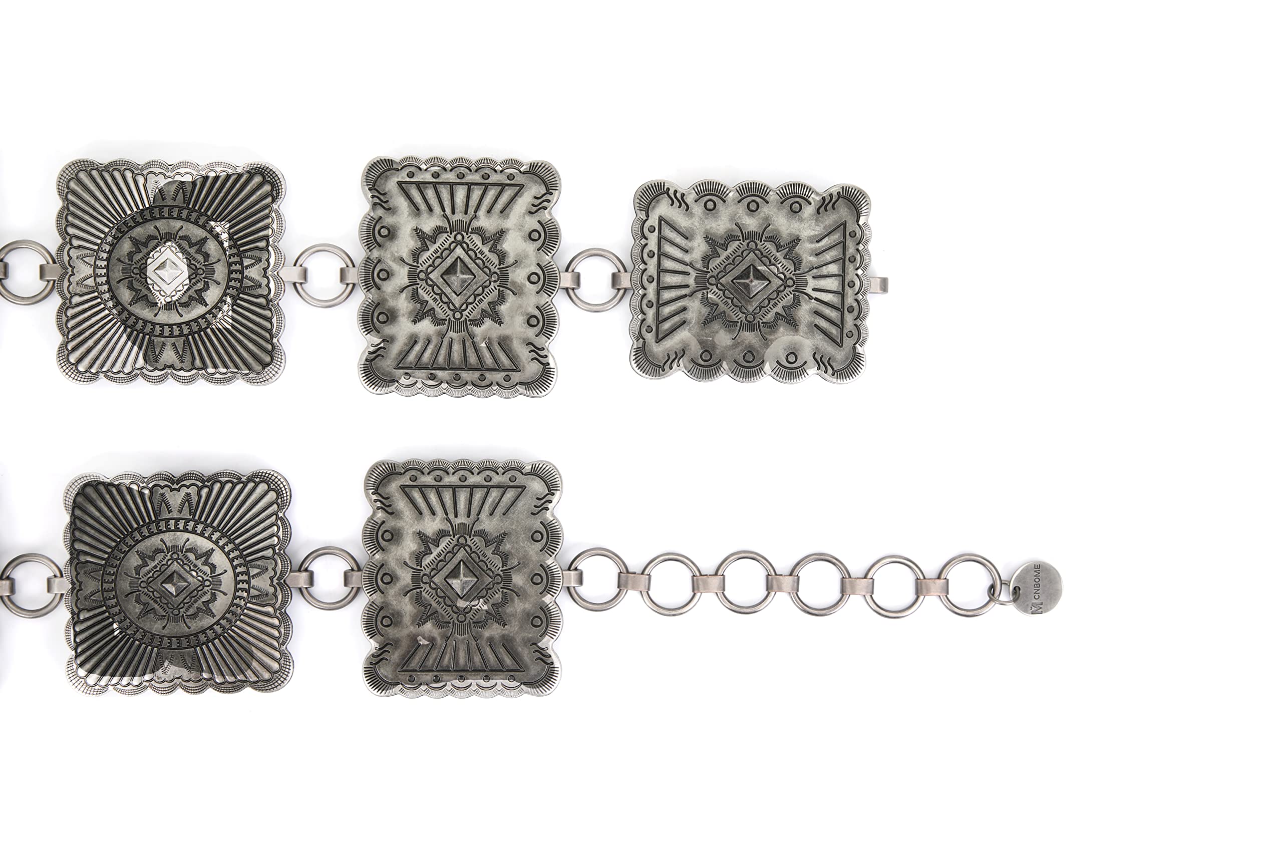 CNBOME Women's Bronze Antique Silver Square Buckle Chain Belt Adjustable Metal Belt (Antique Silver, Medium)