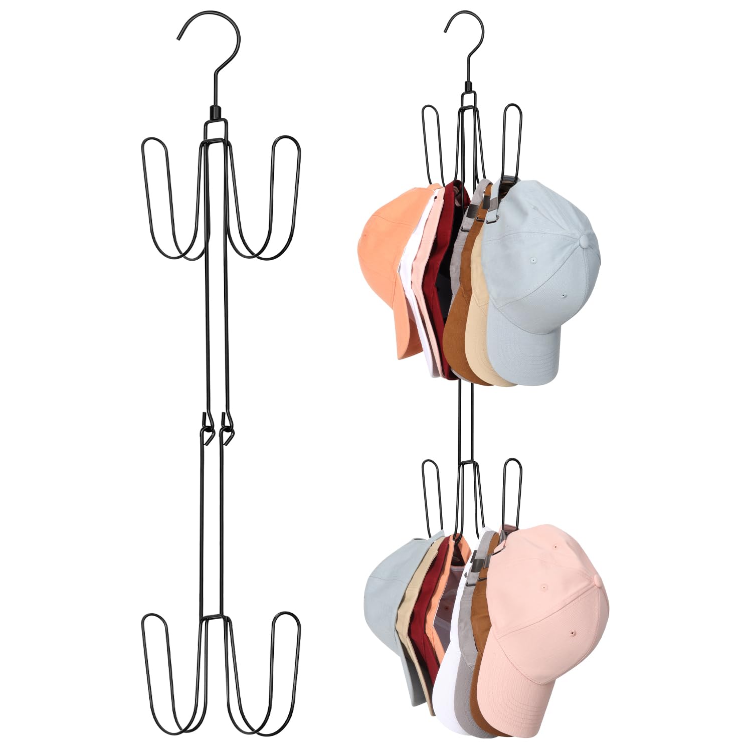 ERCVZAVZ Hat Hangers for Closet, 2 Pack Stainless Steel Hat Organizer for Baseball Caps, 360°Rotating Hat Racks for Baseball Caps, Stable Baseball Cap Organizer for Closet