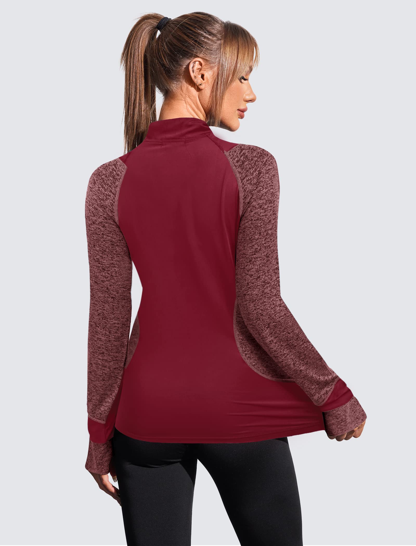 COOrun Women's Shirts Long Sleeve 1/4 Zip Pullover Athletic Hiking Running Workout Tops Quick Dry Shirt with Thumbhole Wine Red XX-Large