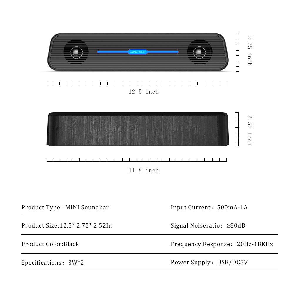 Computer Speakers Wried Soundbar,Bebom Basics N5 USB Powered Mini Sound bar Speaker for TV Desktop PC Laptop,Pluy and Play (Black)