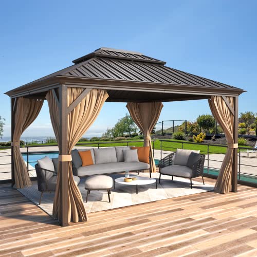 EROMMY 12' x 14' Hardtop Gazebo, Galvanized Steel Double Roof Canopy with Aluminum Frame, Permanent Metal Pavilion with Netting and Shaded Curtains for Patio, Backyard, Deck and Lawns