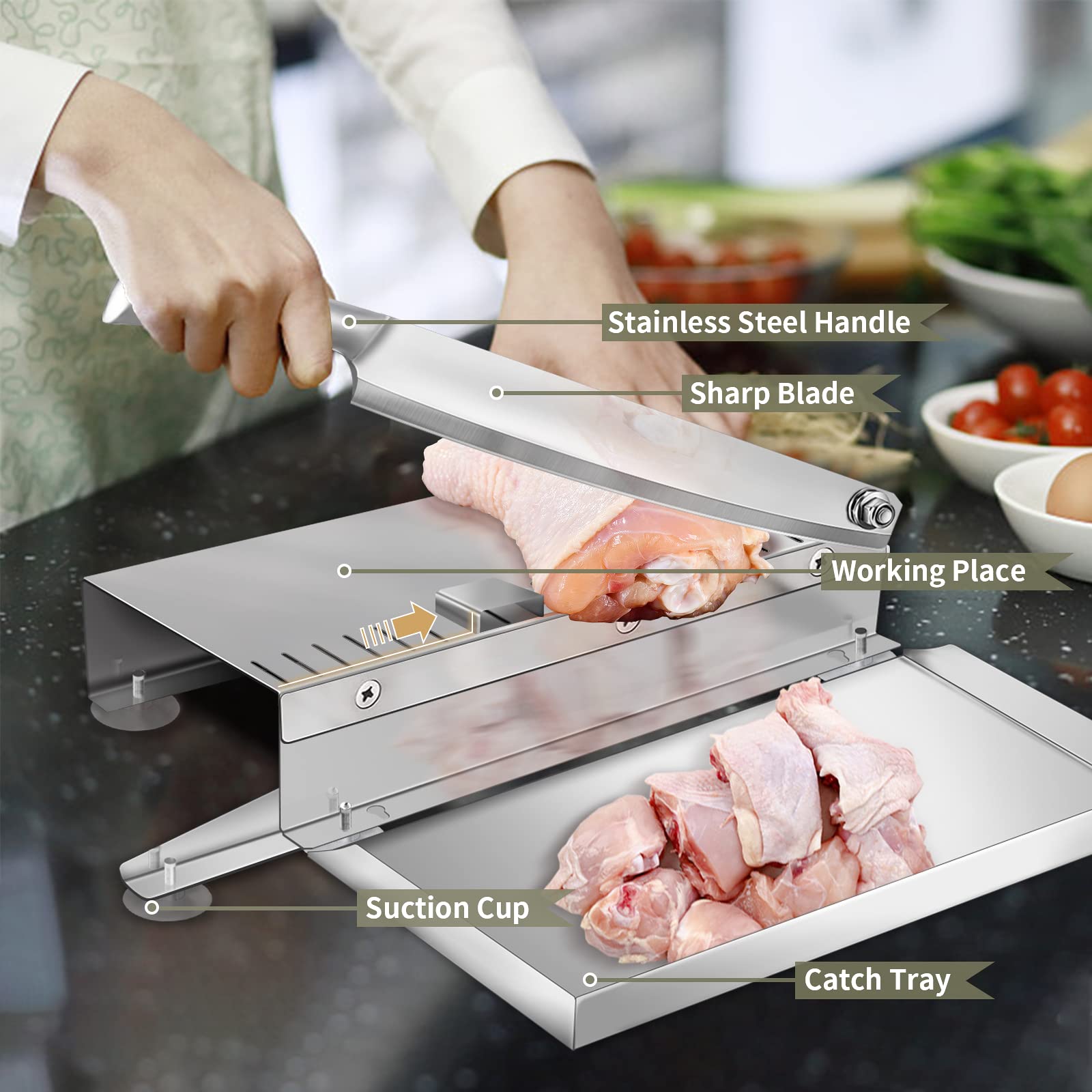 Meat Slicer Bone Cutter 20in,Manual Ribs Chopper for Chicken Fish or Beef,Stainless Steel Frozen Meat Slicer with Food Tray