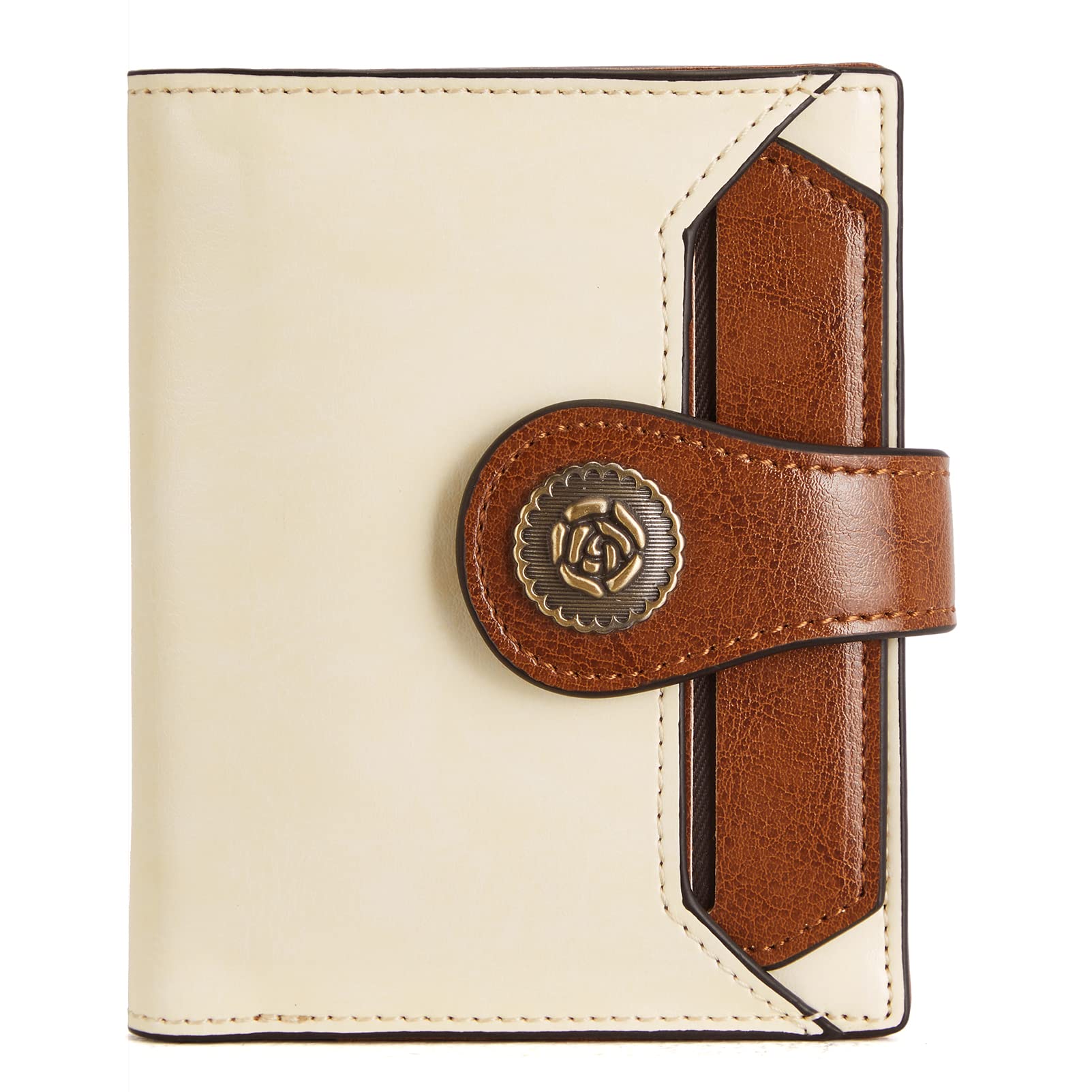 BROMEN Small Wallets for Women RFID Blocking Leather Bifold Purse Zipper Coin Pocket Credit Card Holder with ID Windows Beige Brown