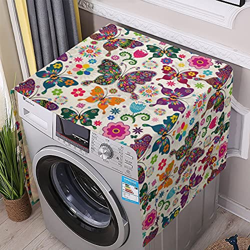 Butterfly Colorful Pattern Washing Machine Dryer Top Cover Refrigerator Fridge Dust-Proof Cover with Storage Pockets Bags Sunscreen Cover Kitchen Christmas Decor
