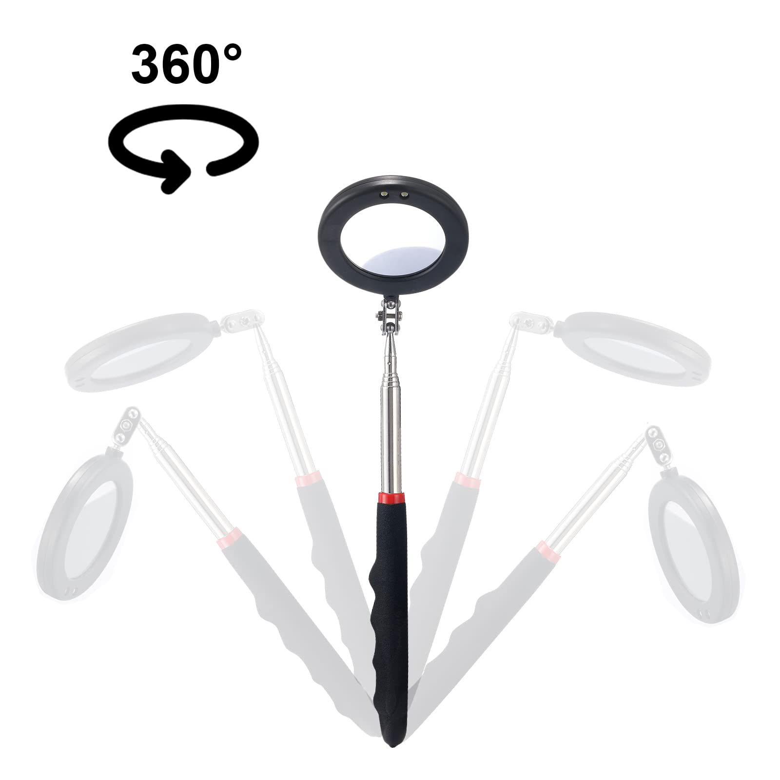 KABUDA 4PCS Telescoping Inspection Mirror LED Lighted Inspection Mirror for Mechanic Checking Vehicle, Car, Eyelashes, Mouth, Small Parts Observation (Extendable, Rectangle & Round)