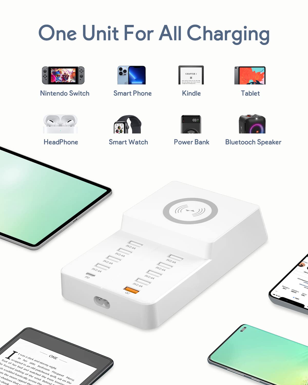 Charging Station for Multiple Devices - 10 Port Multi USB/PD/QC Charger Station with Wireless Charge Compatible with Cell Phone Tablets and More Electronics