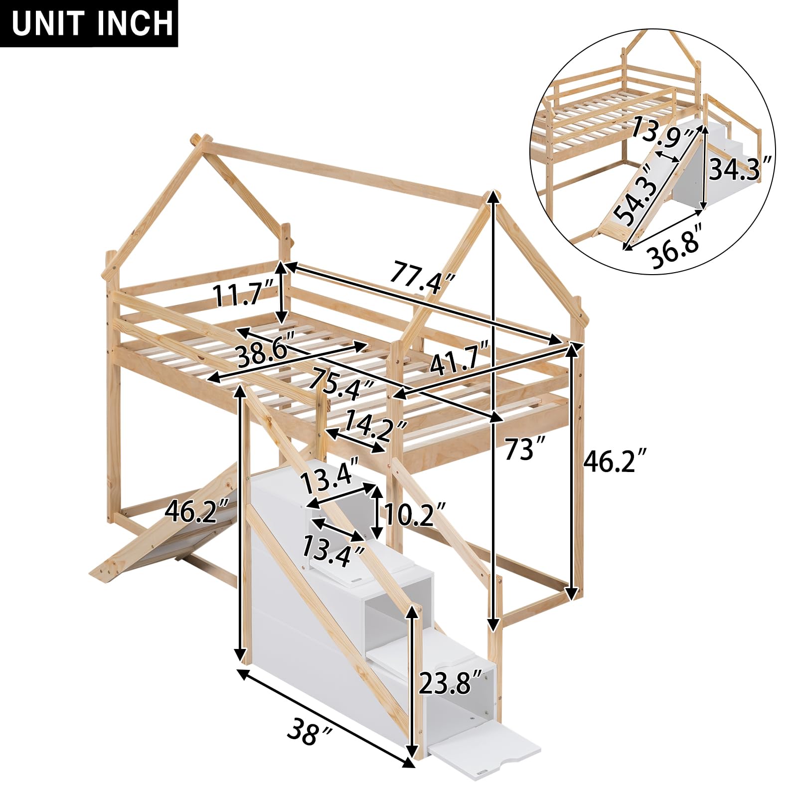 Harper & Bright Designs Twin Over Twin Bunk Bed with Slide and Staircase, House Bunk Bed for Kids, Wood Loft/Bunk Bed Frame with Storage for Kids Teens Boys Girls, (Natural)