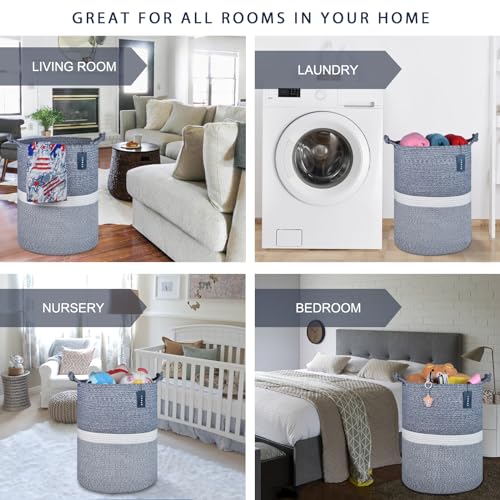 COMSE Extra Large Blanket Basket, Tall Laundry Basket, Laundry Hamper, 15.7βx 21.7β, Storage Basket, Blanket Basket for Living room, Toy Basket, Woven Basket, Clothes Baskets,Blend Navy Blue/White