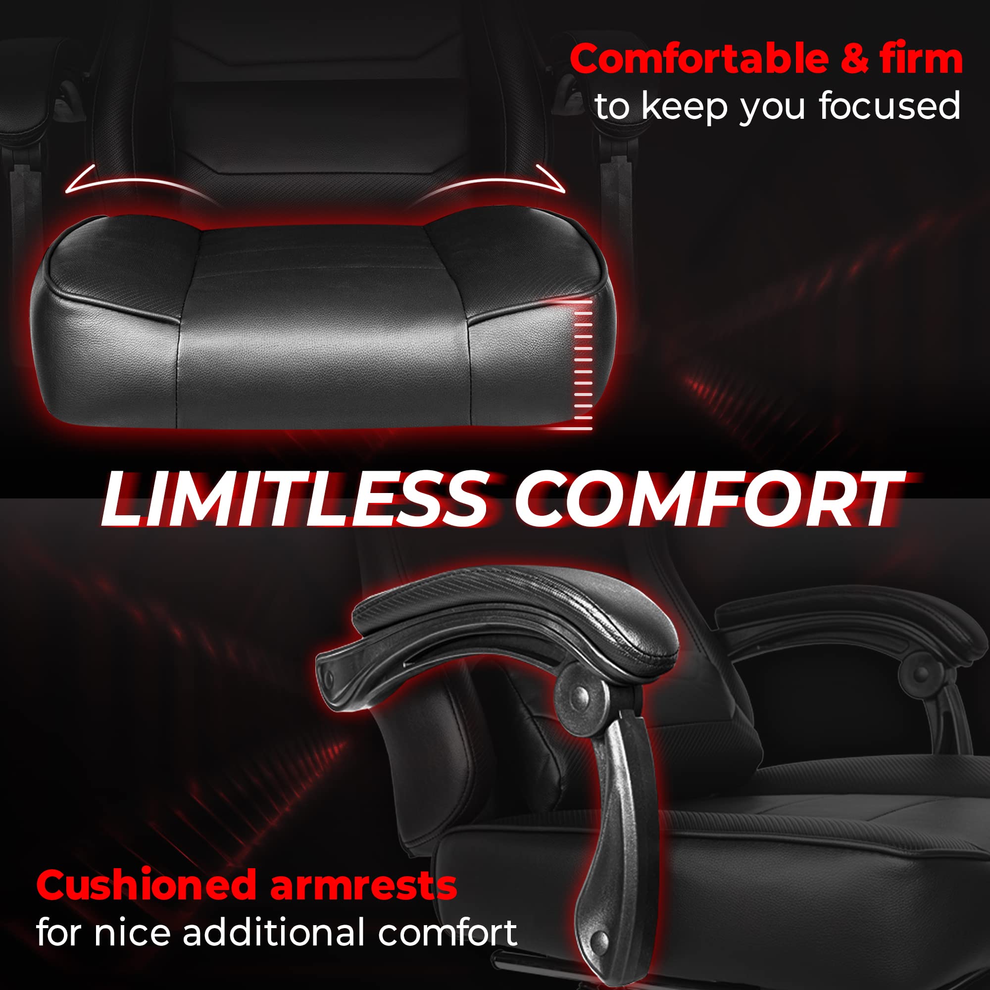 N-GEN Gaming Chair with Footrest Levelled Seat PU Leather Adjustable Ergonomic Lumbar Support High Back Office Swivel Computer Desk Headrest E-Sports PC Gamer Height Reclining (3. Black)