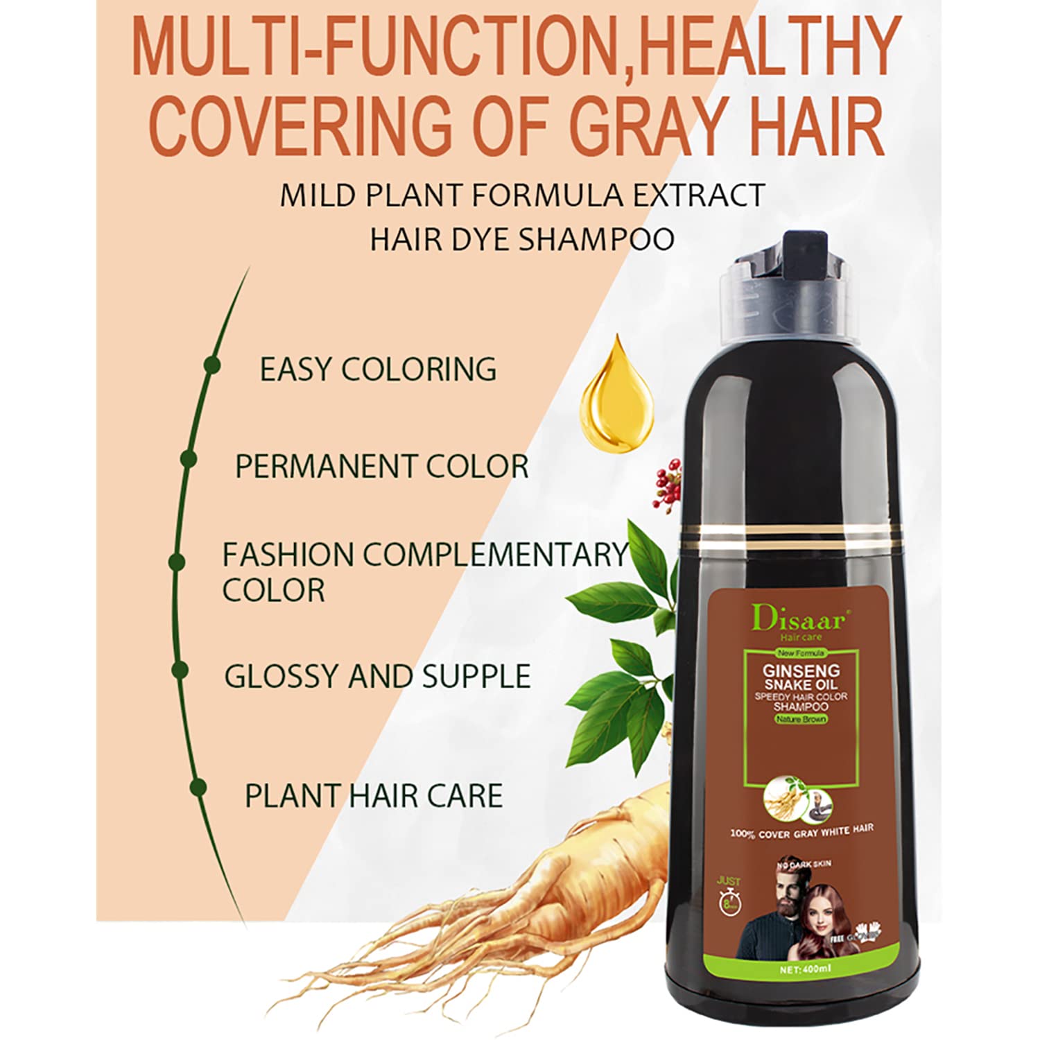 DISAAR Beauty Speedy Hair Color Shampoo 100% Cover Gray White Hair Easy To Use Long Lasting 400ml/13.53fl.oz (Natural Brown)