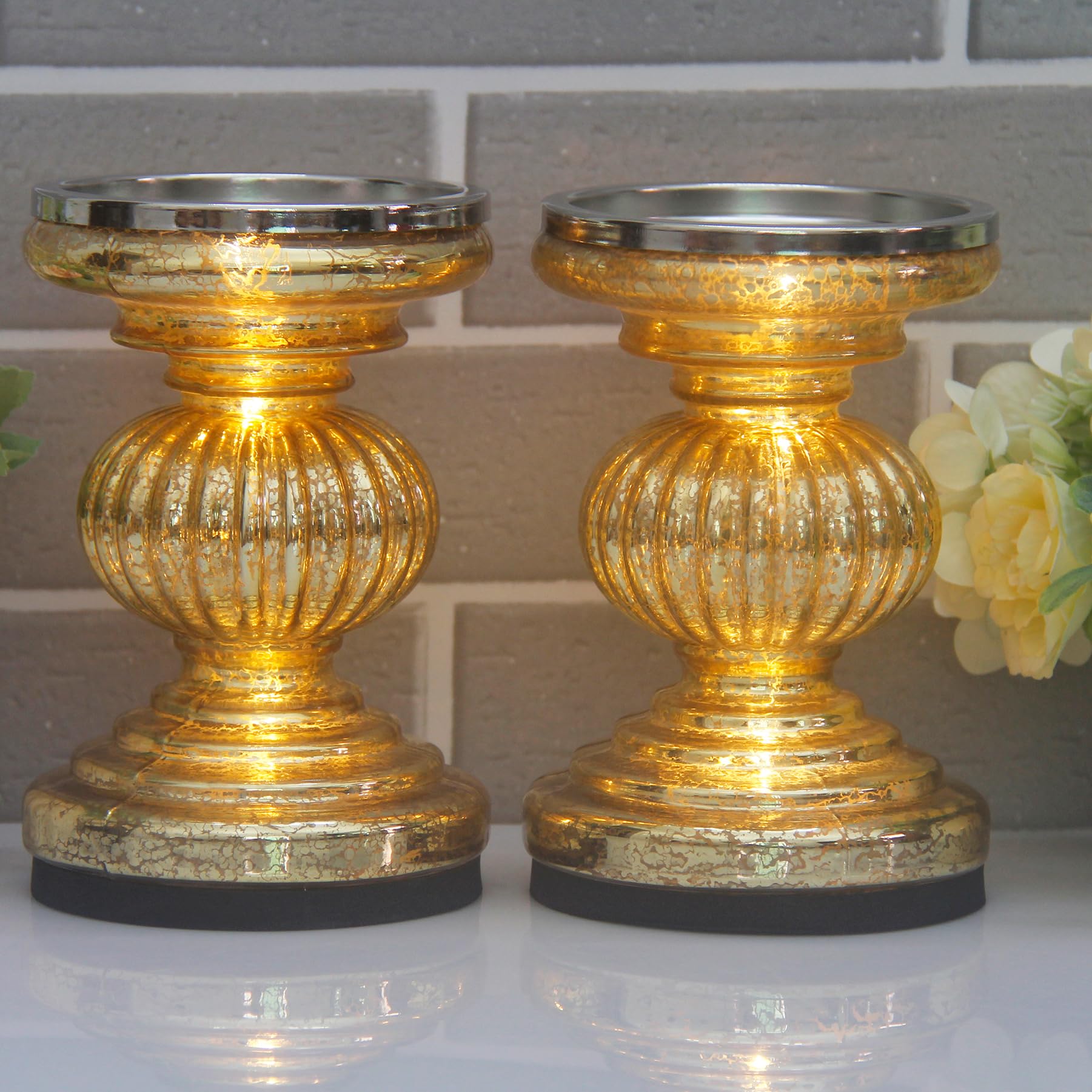 CFDECOR Mercury Glass Pillar Candle Pedestal Holders with Lights Set of 2,Candle Holder for Pillar Candle,Candlestick Holders,Perfect Decoration for Wedding Home Dining Table Xmas (Blue)