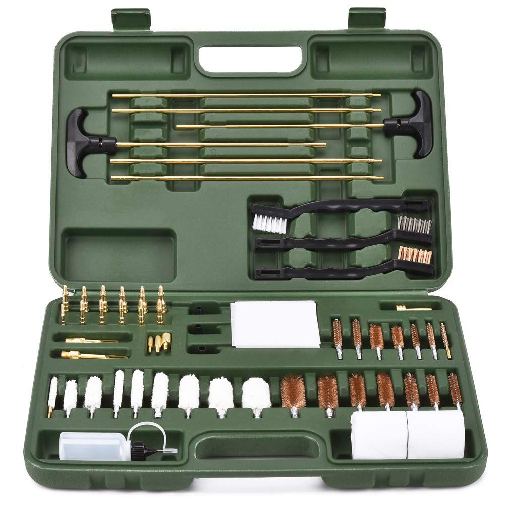 BROWNTC Universal Gun Cleaning Kit Hunting Rifle Pistol Shotgun Cleaning Kit for All Guns/CNC Precision Machined-Solid Brass Jags & Slotted Tips with Green Case