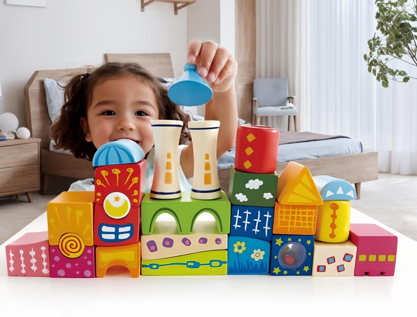 Hape Fantasia Block Castle Award Winning Wooden Castle Building Block Stacking Toy, Unique Shaped Building Block Set, Rainbow Stacking Toy with Patterns