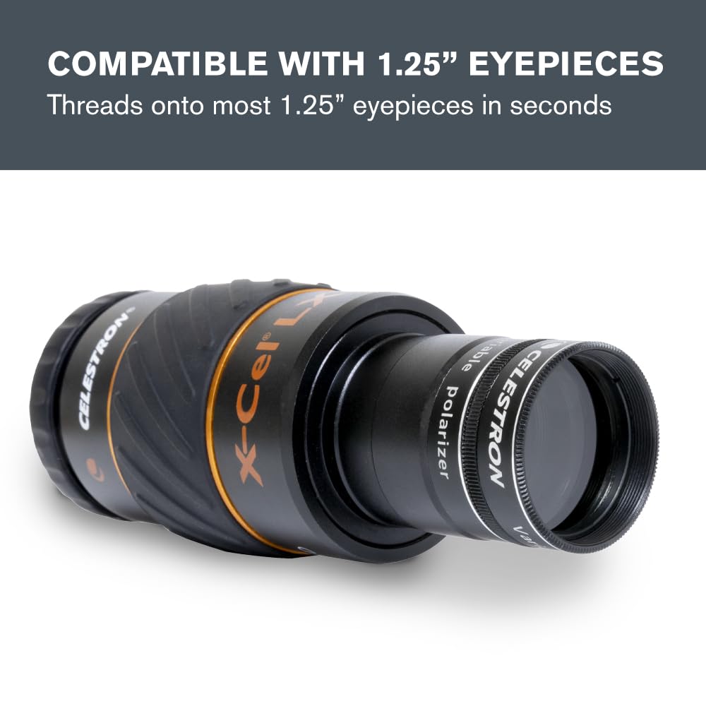Celestron β Variable Polarizing Moon Filter for Telescopes β Fits 1.25" Telescope Eyepieces β Adjustable 1-40% Light Transmission β Perfect Filter for Moon, Venus, and Double Star Viewing