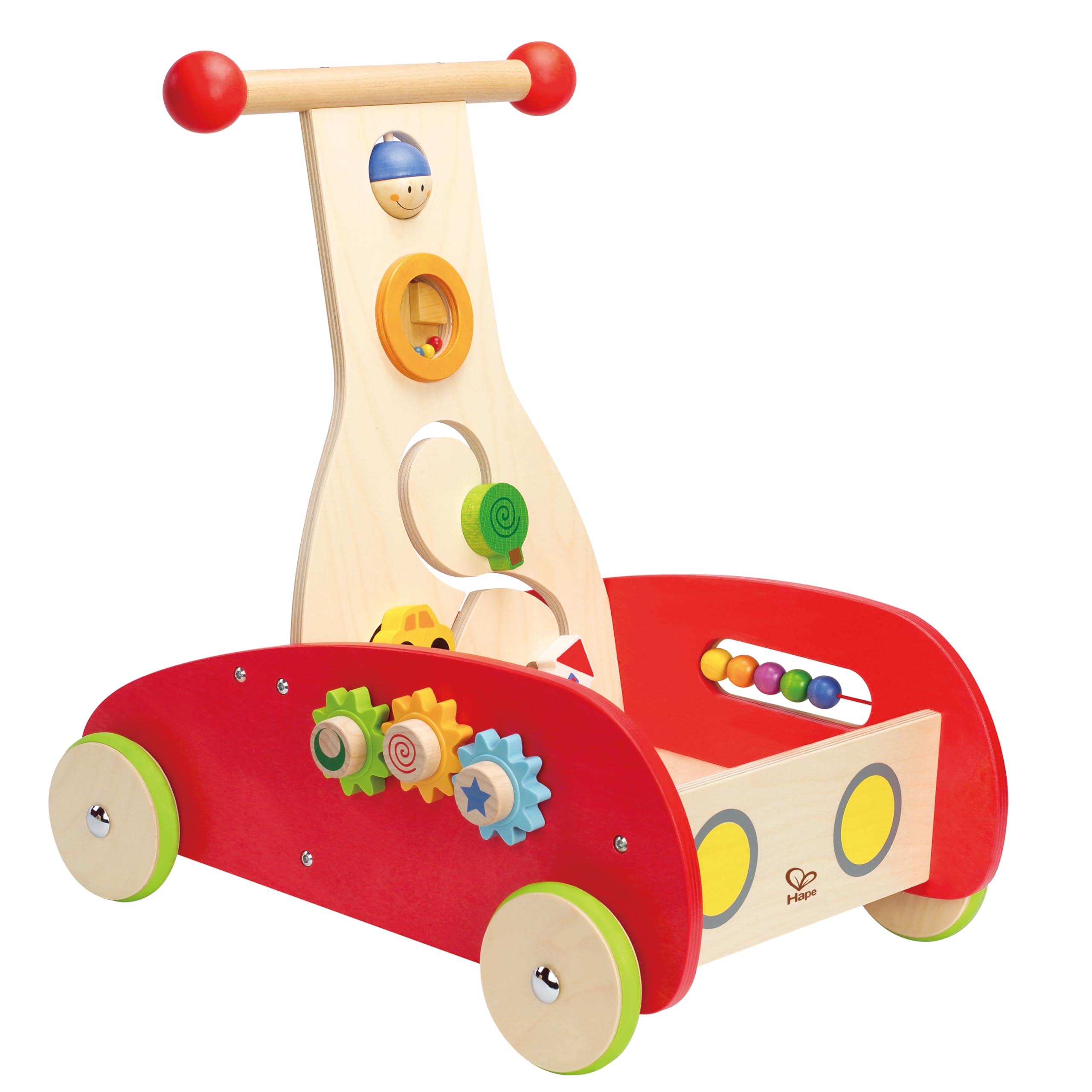 Hape Wonder Walker Push and Pull Toy | Award Winning Wooden Toddler Walking Activity Center, Rolling Baby Walker Toy, Red/Natural