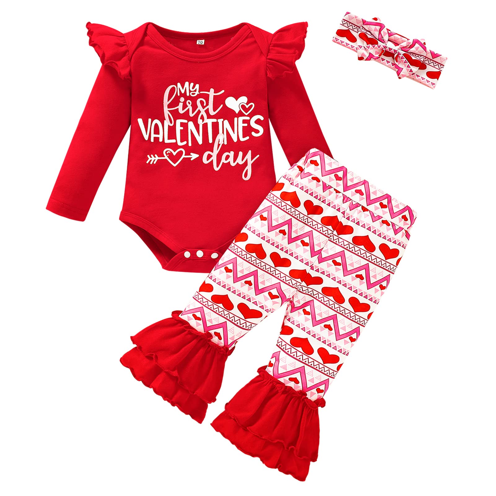 GRNSHTS Baby Girl My First Valentine's Day Clothes Long Sleeve Ruffle Romper Bell-Bottomed Pants 3Pcs Love Heart Outfits(Red,6-9M)